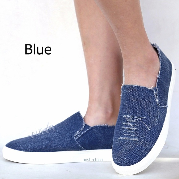 Shoes | New Blue Distressed Canvas Denim Slip On Sneakers | Poshmark